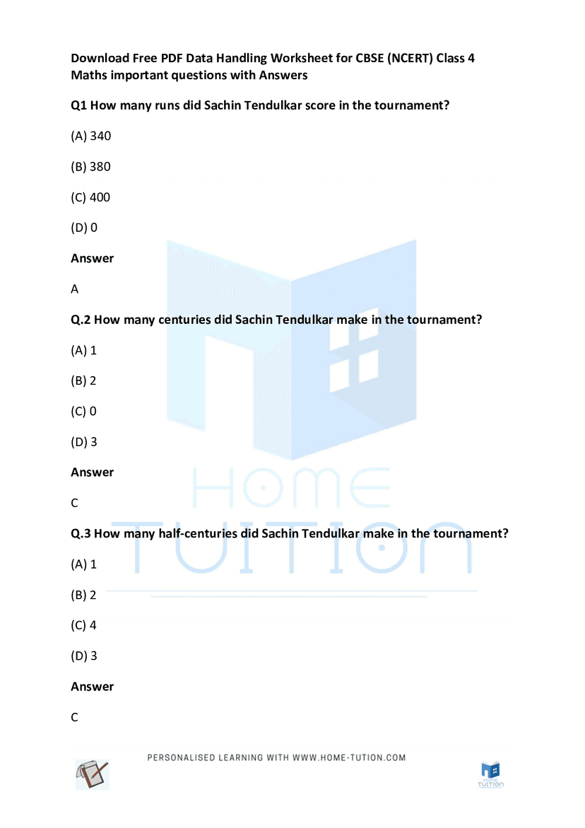 CBSE Class 4 Maths Data Handling Worksheet - Download Free PDF - Home ...
