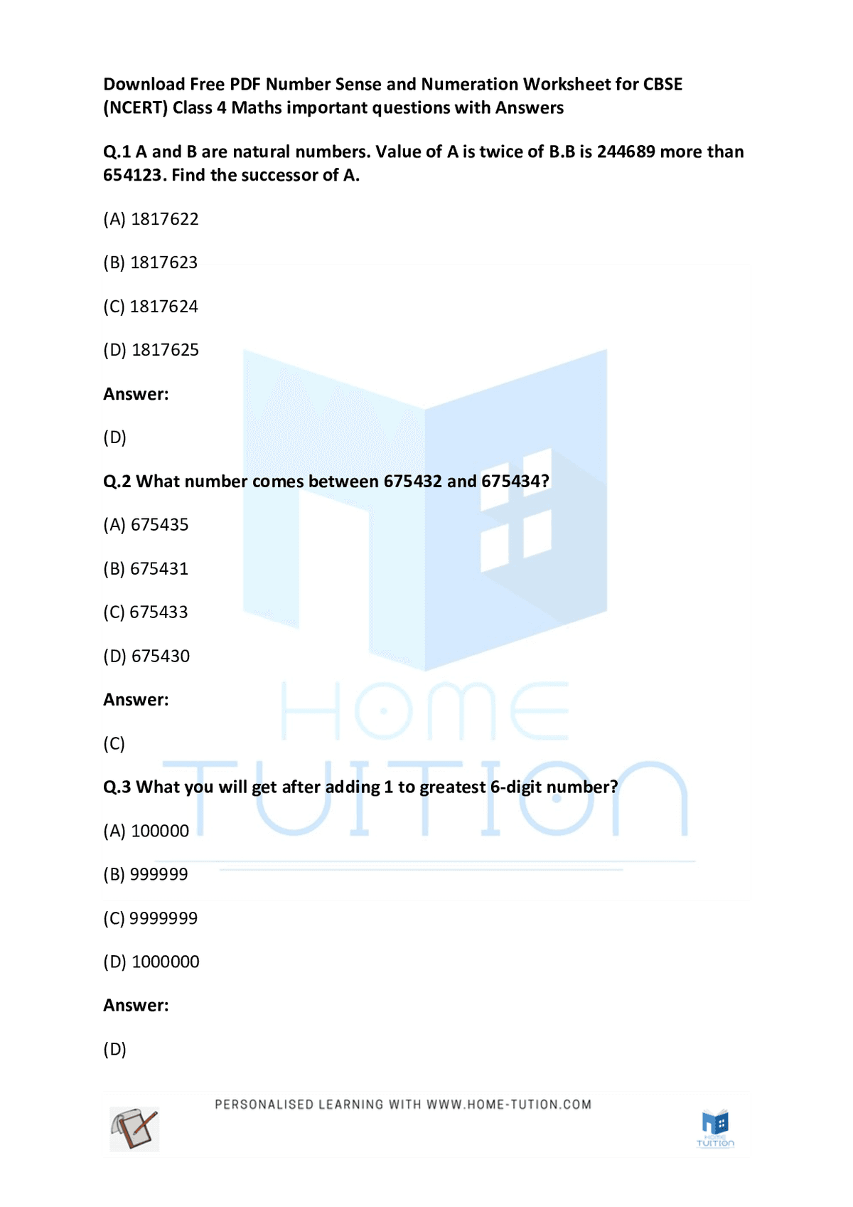 CBSE Class 4 Maths Addition and Subtractiion Worksheet - Download Free ...