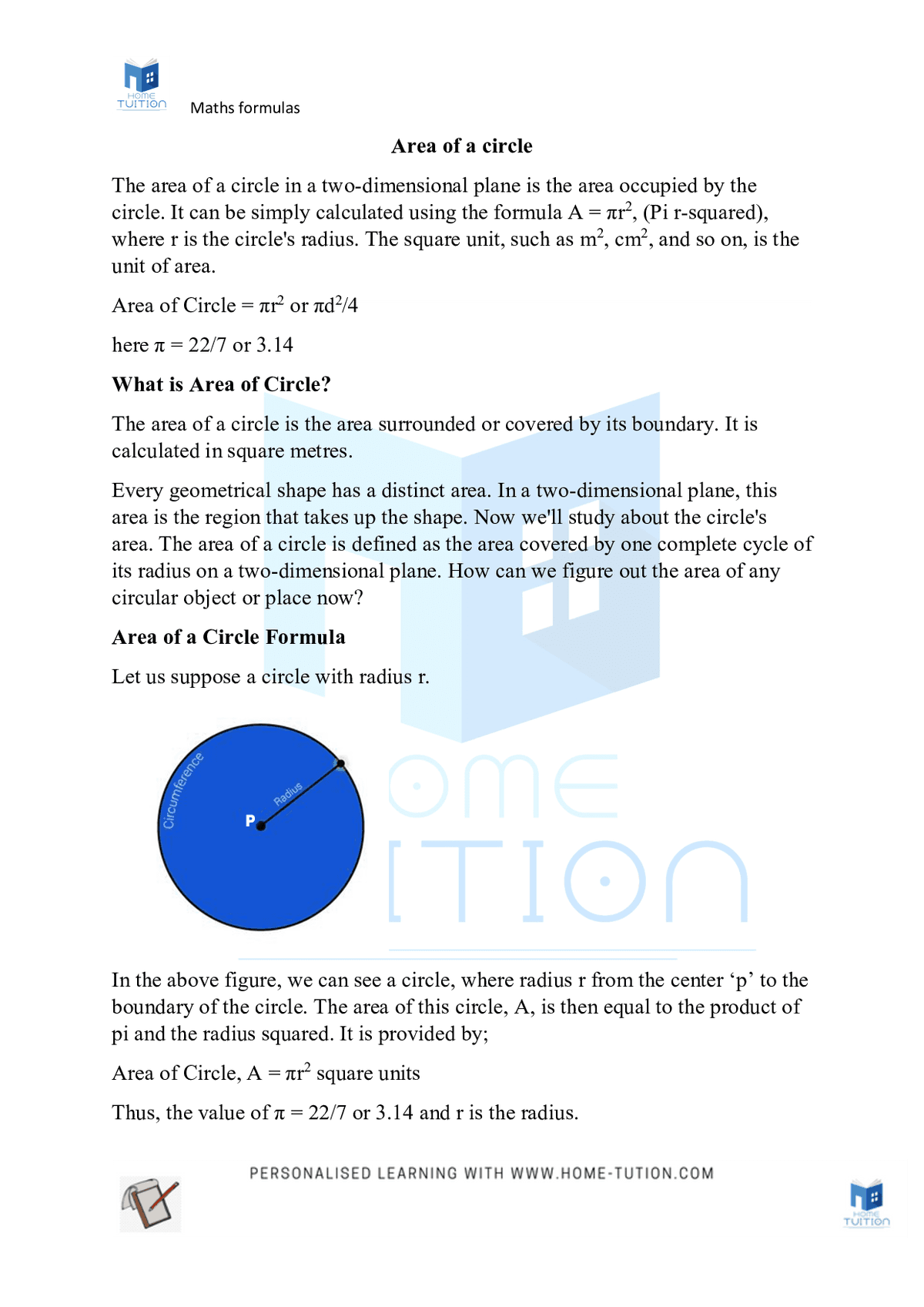 Area of a Circle - Formula, Derivation, Definition & Solved Examples