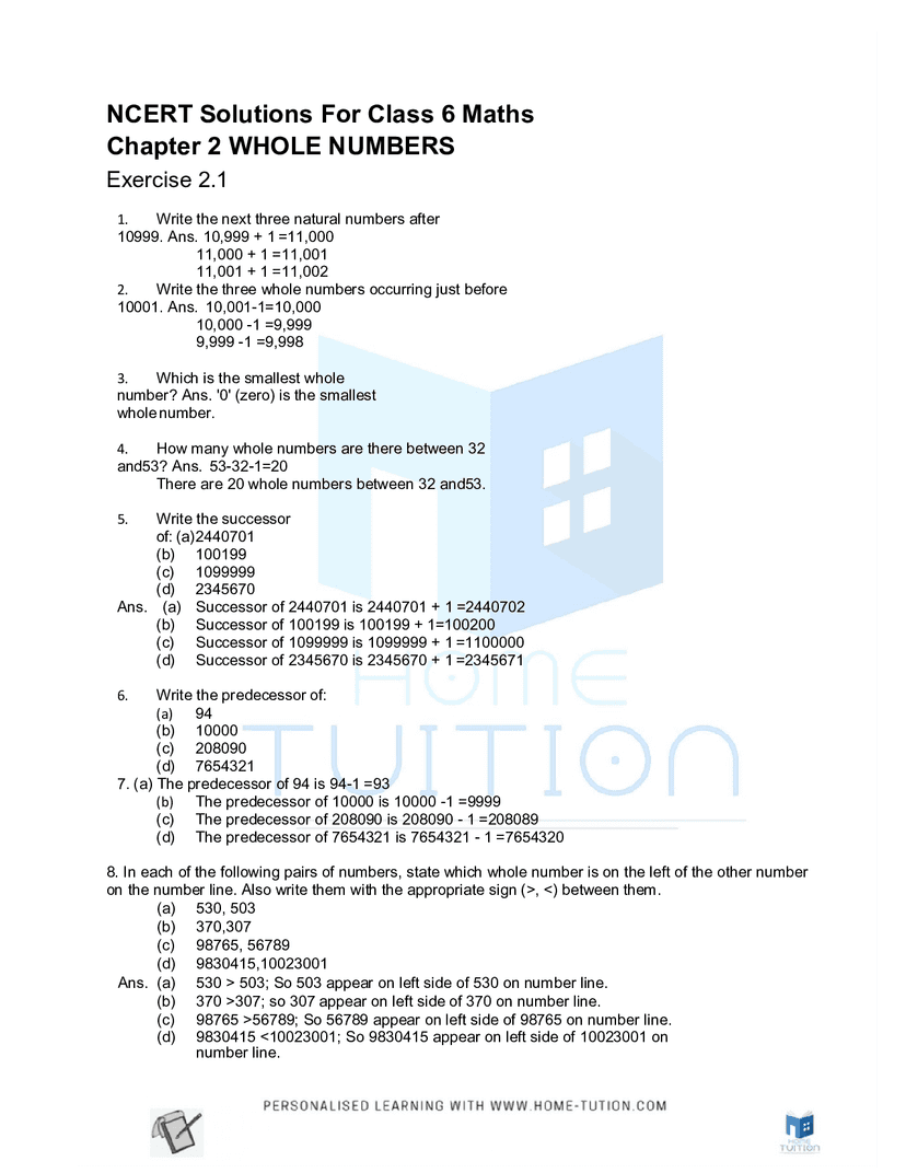 NCERT Solutions For Class 6 Maths Chapter 2 Whole Numbers