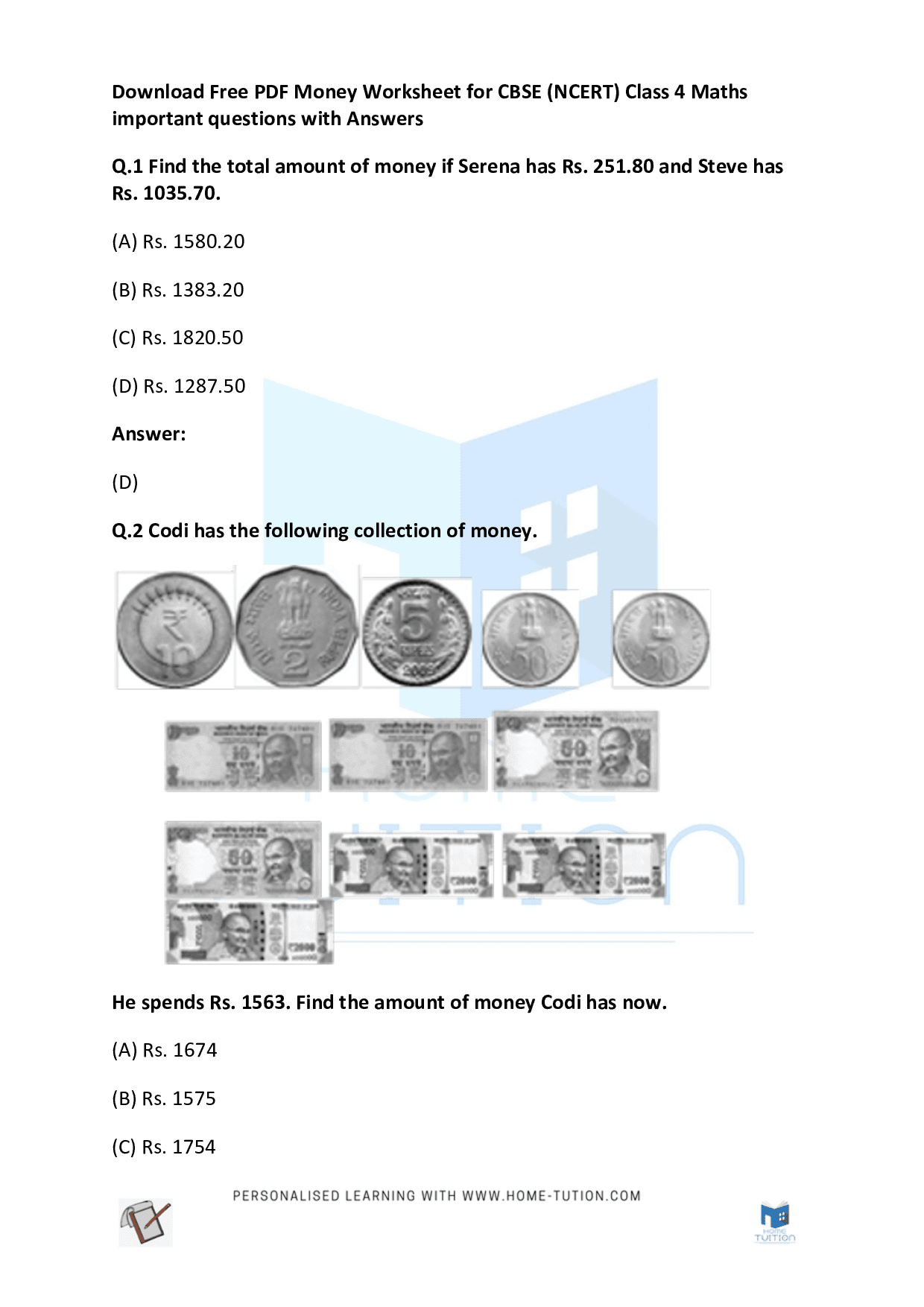 CBSE Class 4 Maths Money Worksheet - Download Free PDF - Home-Tution