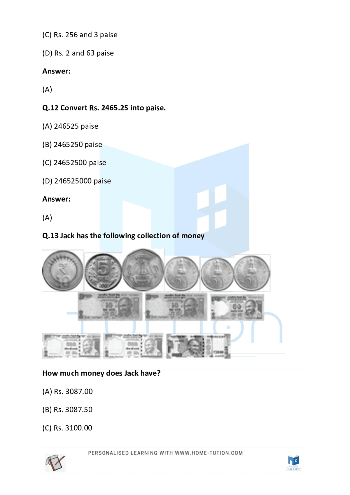 CBSE Class 4 Maths Money Worksheet - Download Free PDF - Home-Tution